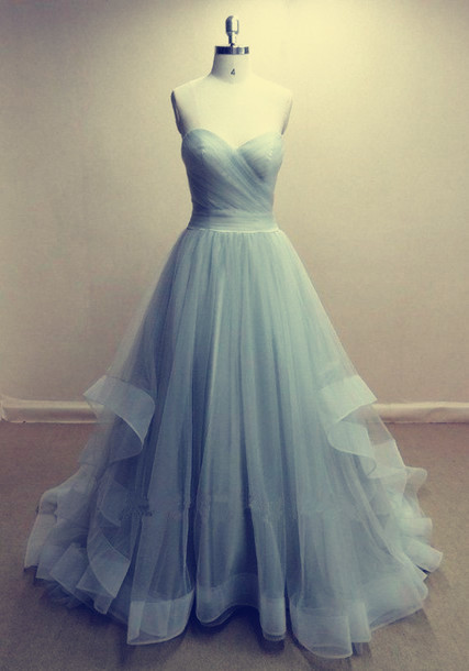 blue prom dress,long prom dress,strapless prom dress, fluffy prom dress ...