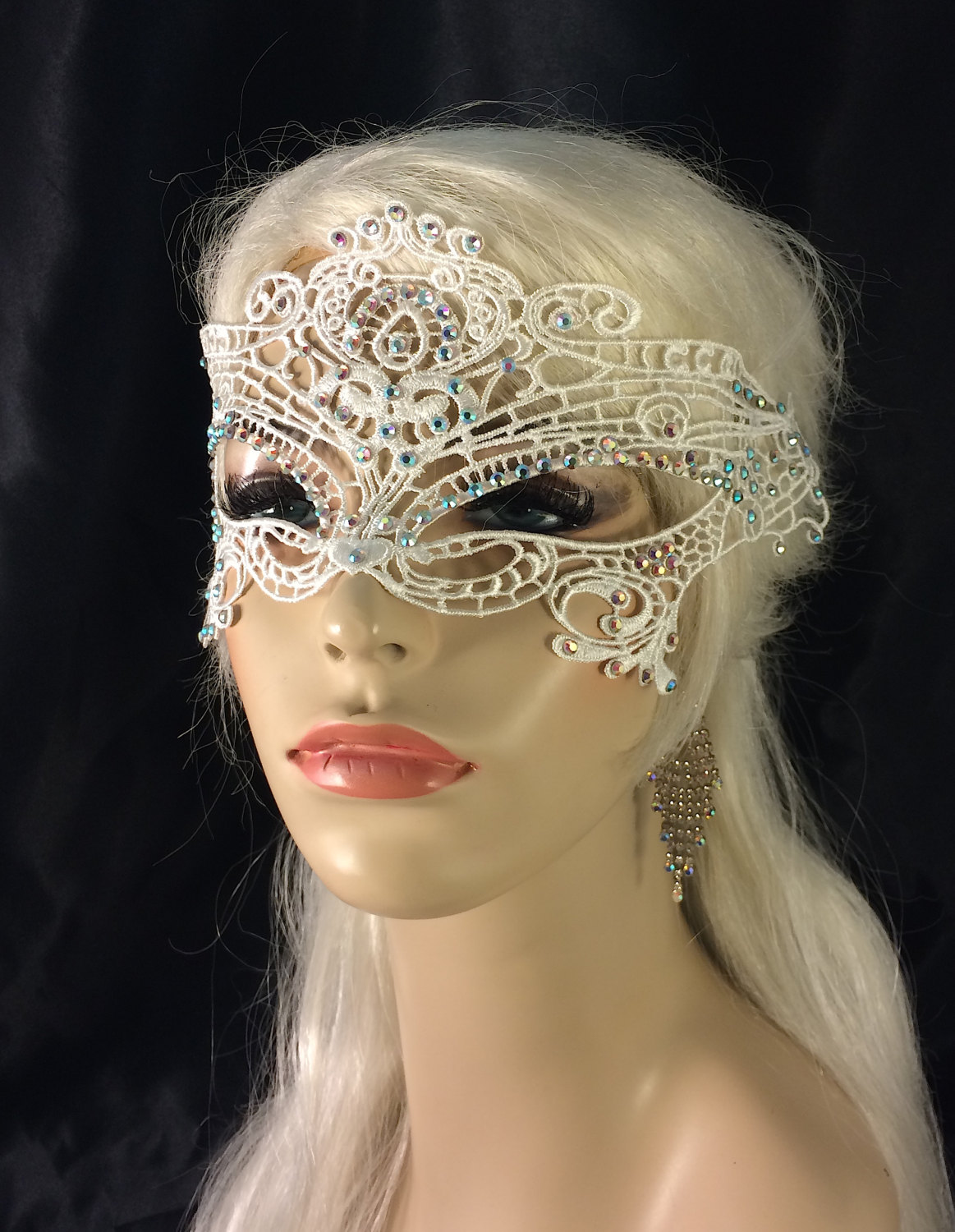 Swarovski Crystal Rhinestone White Lace Mask, Masquerade Ball, Eyes ...