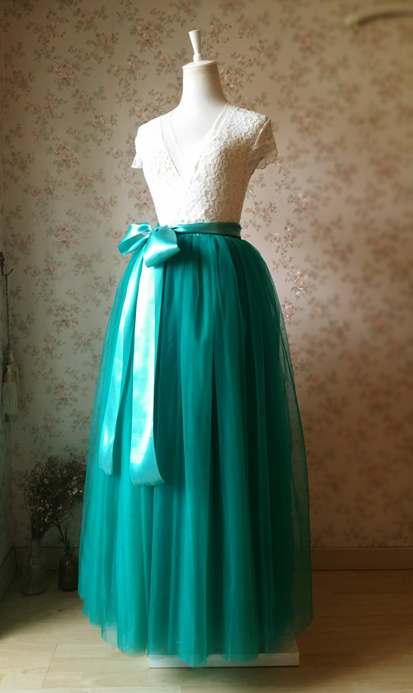 Women High Waist Ruffle Tulle Skirt Floor Length Plus Size Tulle Skirt Outfit Green Wedding