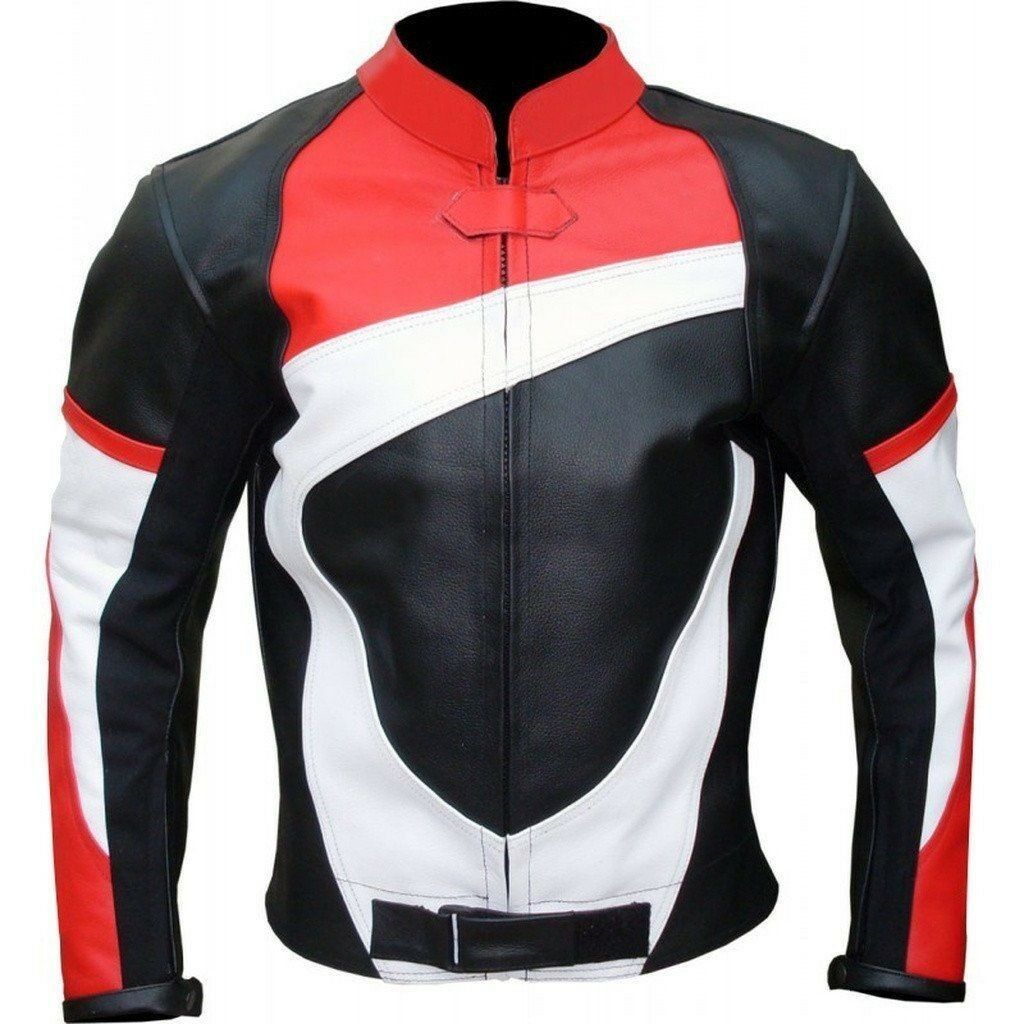 Red Motorcycle Biker Genuine Leather Jacket With Black & White Stripes ...